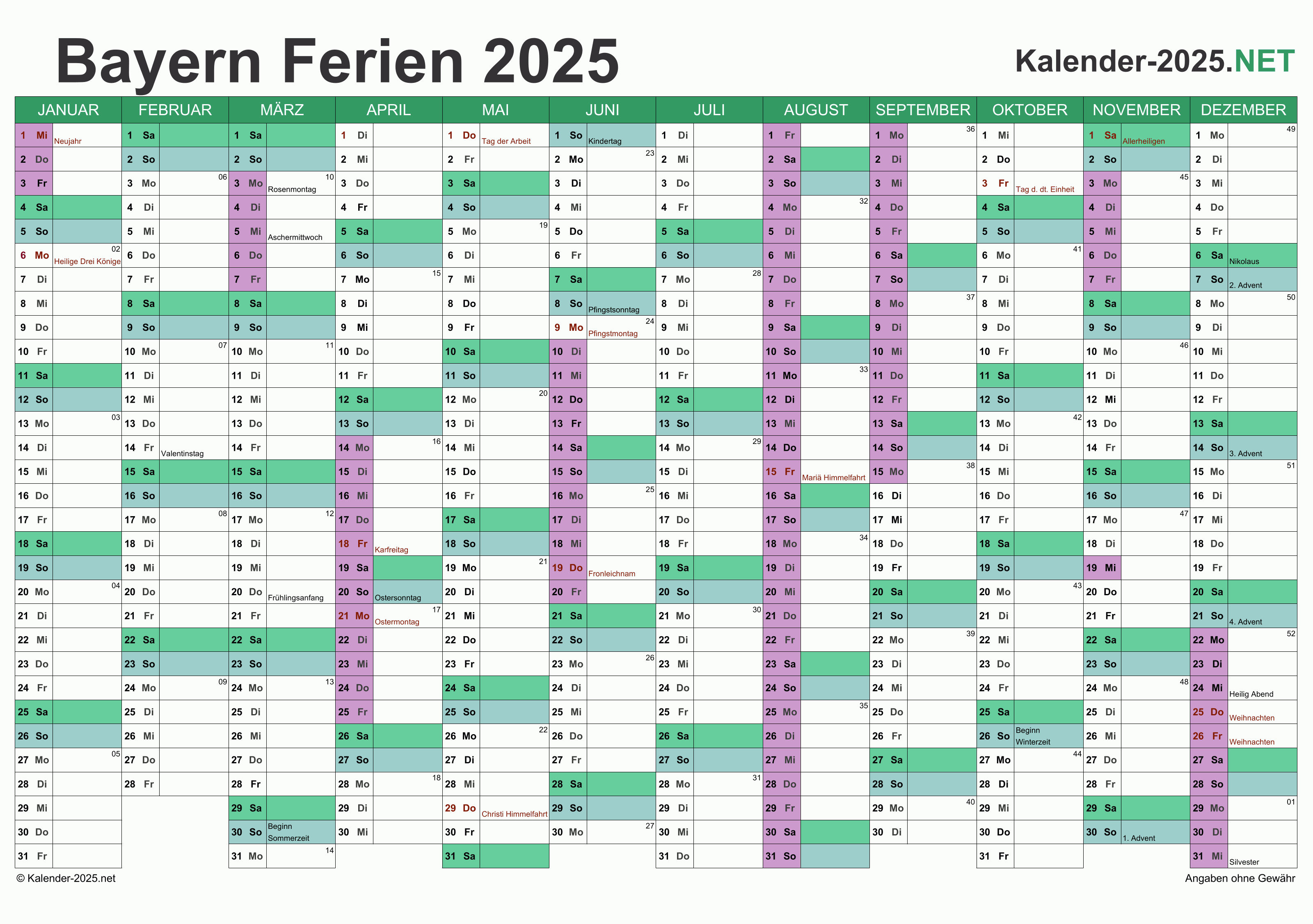 EXCEL KALENDER 2025 Kostenlos 